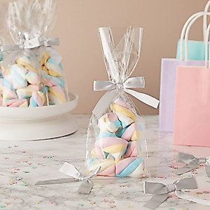 100 Pack Silver Satin Twist Tie Bows for Crafts, Gift Wrapping, Party Favor Bags, Baked Goods (3 In)