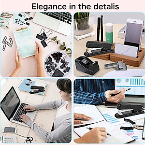 ChezMax Black Desk Accessory Kit Includes Stapler Staples Staple Remover Tape Dispenser Transparent Tape Scissors Push Pins Paper Clips Binder Clips Single Hole Punch Telescopic Knife Tape Measure