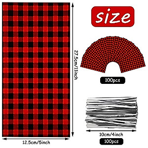 Gersoniel 100 Pieces Christmas Cellophane Bags Party Treat Favor Bags Red and Black Buffalo Plaid Candy Bags Xmas Checkered Cookie Bags with 100 Pieces Twist Ties for Christmas Birthday Wedding Party