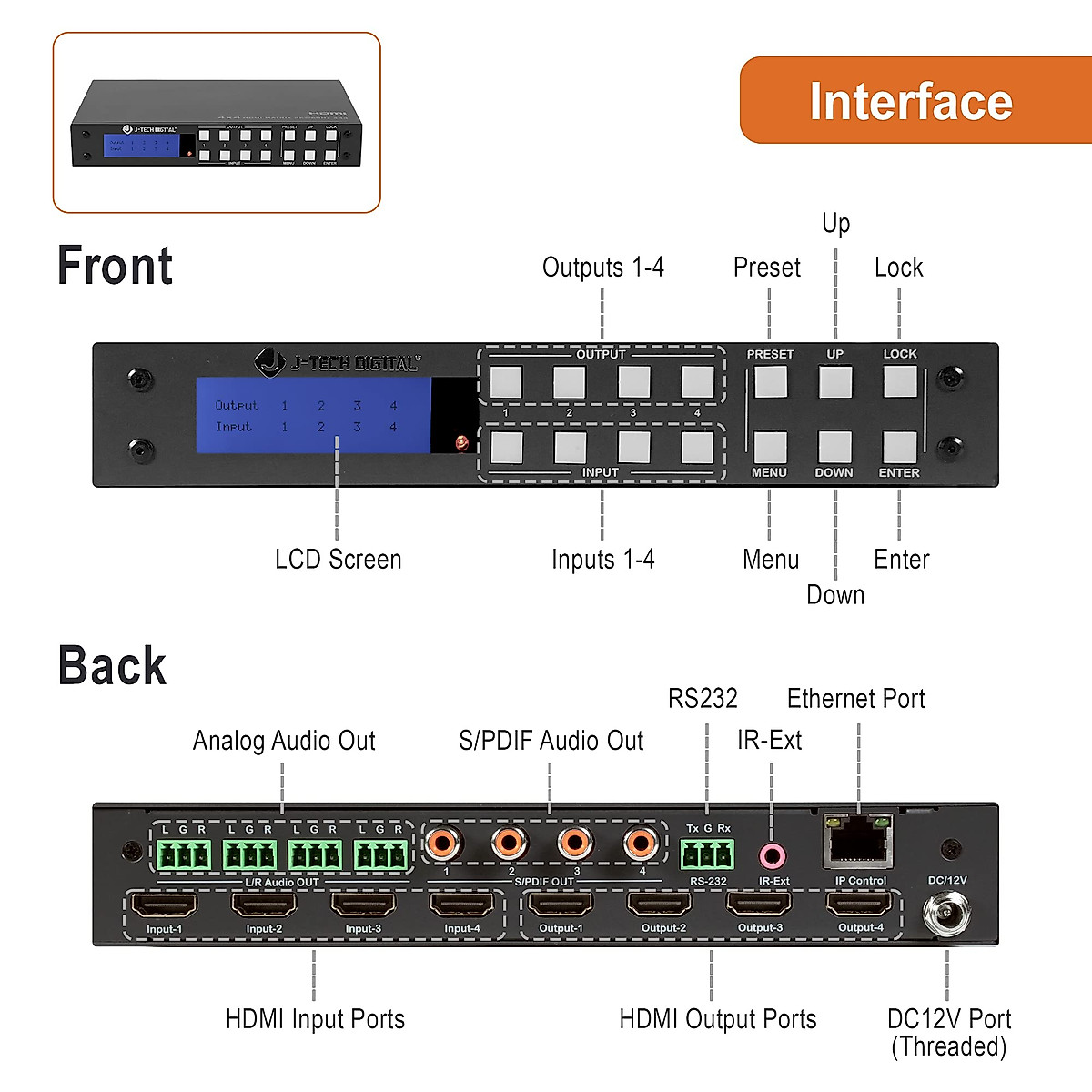 J-Tech Digital 4K 4x4 HDMI Matrix Switch HDMI2.0 4K 60Hz 4:4:4 HDR Compatible with Dolby Vision, with Audio Outputs, Display Panel, Web GUI Control, J-Tech Digital Control App [JTECH-4KM44A]