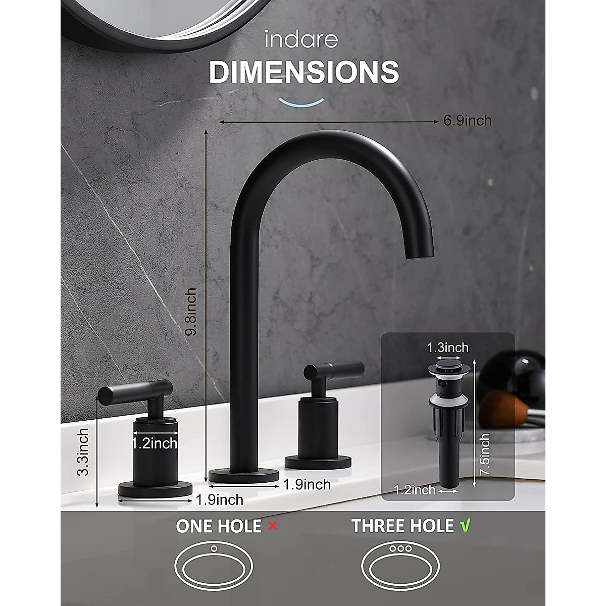 Matte Black Bathroom Faucet, Indare 360° Swivel Spout Two Handles Widespread 4 Inch 8Inch Brass Bathroom Sink Faucet 3 Hole with Pop-Up Drain and Water Supply Lines, Upgraded Style