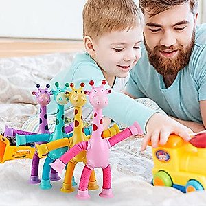 4 Pcs Telescopic Suction Cup Giraffe Toy, Shape-Changing Giraffe Telescopic Tube Cartoon Puzzle Suction Cup Sensory Toys, Novel Stretch and Decompress Educational Giraffe Toys (4 PCS, With light)