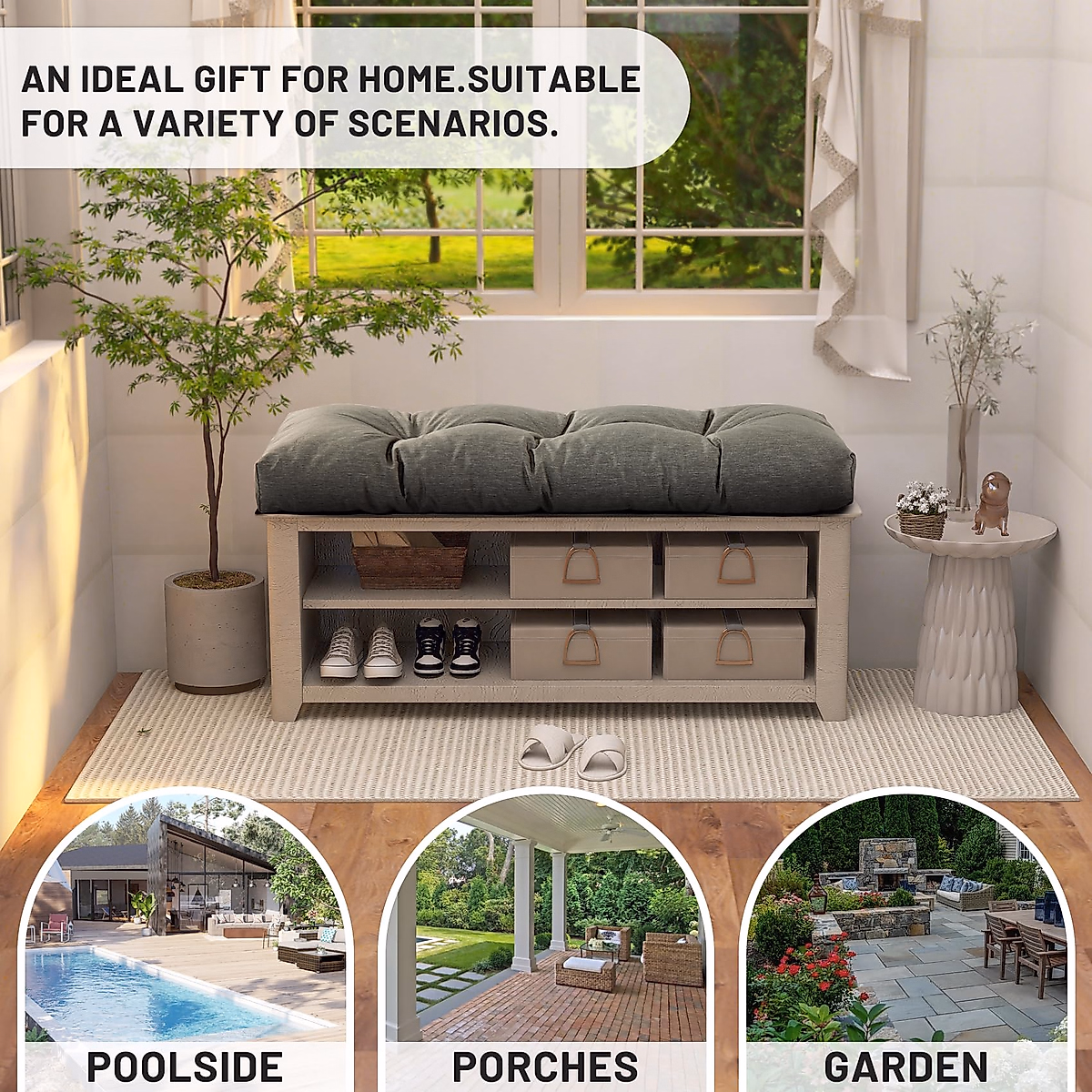 Lokex Bench Cushion,45x16 Inch Waterproof Bench Cushions for Outdoor Furniture,Non-Slip Window Seat Cushions Indoor,Smoke Gray