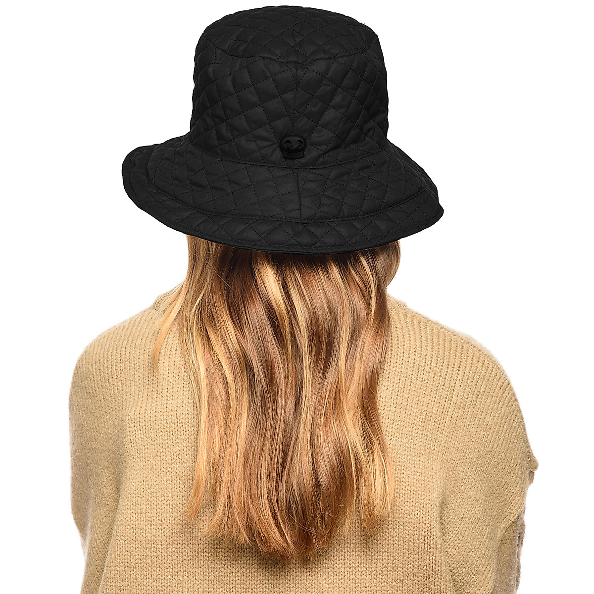 Foldable Water Repellent Quilted Rain Hat w/Adjustable Drawstring, Bucket Cap (BLACK)