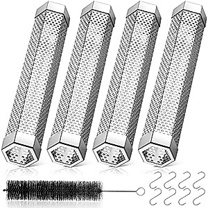 4 Pcs Pellet Smoker Tube 12 Inch Stainless Steel BBQ Wood Pellet Tube for Smoking with Cleaning Brush and 8 S Shape Hooks for Hours of Billowing Cold Hot Smoking for All Grills or Smokers