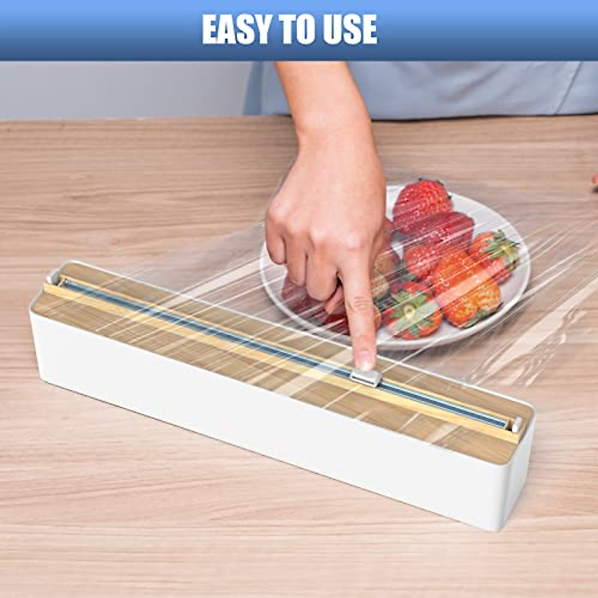 leQuiven Plastic Wrap Dispenser with Slide Cutter, Reusable Cling Film Dispenser, Double Elastic Buckle Adjustable Length for Aluminum foil, 1 Roll Plastic Food Wrap Included (Bamboo Wood Pattern)