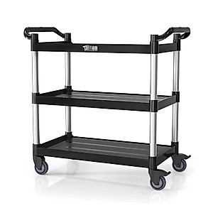 TUFFIOM Plastic Service Utility Cart with Wheels,Heavy Duty 450lbs Capacity, 3-Tier Commercial Rolling, Ideal for Restaurant, Foodservice, Office, Warehouse, Black 40.4''L x 19.7''W x 38.6''H