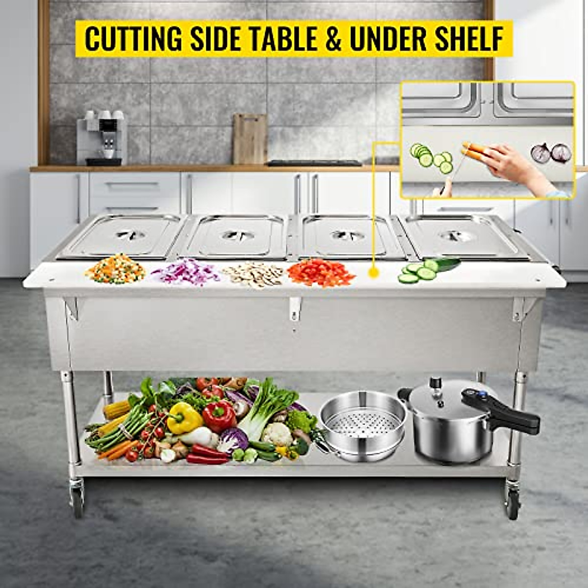 VEVOR Commercial Electric Food Warmer, 4-Pot Steam Table Food Warmer 0-100℃ w/ 2 Lockable Wheels, Professional Stainless Steel Material for Catering and Restaurants