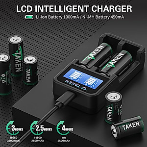 AA Battery Charger, Taken Universal Battery Charger for 18650 AAA 16340 CR123A 18490 18350 17670 17500 14500 Ni-MH/Ni-Cd Batteries (2 Slots)