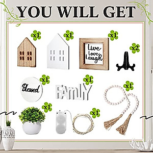 Yalikop 9 Pieces Farmhouse Decor for Tiered Tray, Rustic Wooden Mini Sign Farmhouse Table Centerpieces with Artificial Plant, String Light, Plastic Stand for Kitchen Table Decor, Housewarming Gift