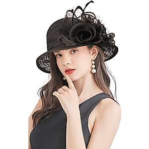 TLMNU Organza Fascinator Hat - Women¡¯s Wide Brim Church Bridal Tea Party Wedding Hat 12LaceBlack