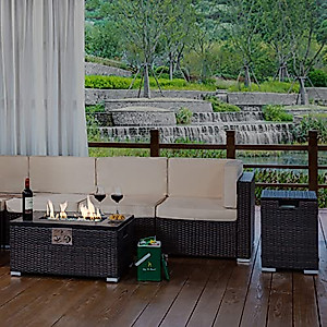 AJ Enjoy 32in Gas Fire Pit Table Set, 50,000 BTU Propane Fire Pit Table Outdoor with Rain Cover, Hideaway Tank Holder Fits 20lb Tank, Gas Fire Pit for Outside w/Ceramic Tabletop and lid, Glass Rocks