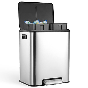 Fashionwu 30 Liter/8 Gallon Trash Can, Rectangular Dual Compartment Kitchen Trash, Stainless Steel Garbage Can with 2 x 15L Inner Buckets, Smudge Resistant Trash Can with Lid & Foot Pedal, Hands-Free