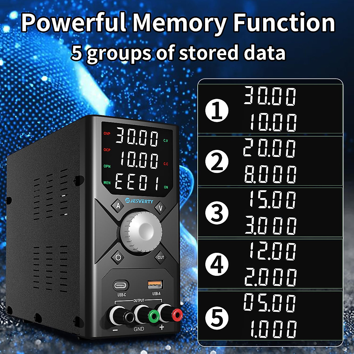 Jesverty DC Power Supply Variable, 0-60V 0-5A Adjustable Switching DC Regulated Bench Power Supply with 20W USB & Type-C Quick-Charge, Encoder Knob, 4-Digit LED Display, Preset Memory - SPS-6005X
