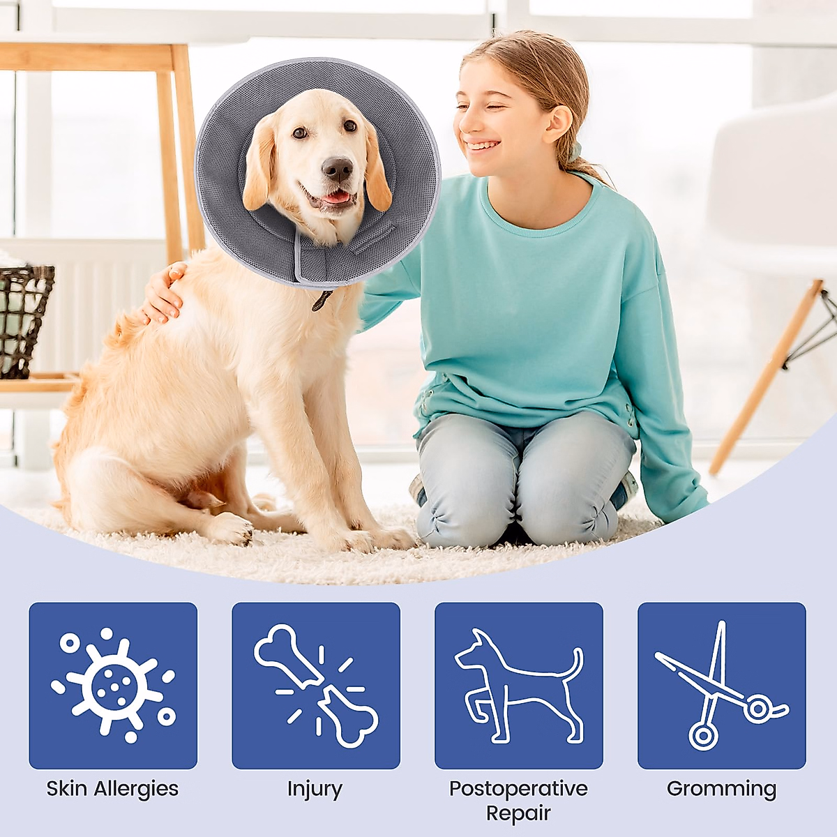 PETTOM Soft Dog Cone Collar, Adjustable Dog Recovery Cone Collar, Reflective Bands Breathable Elizabethan Collar for Large Medium Small Dogs Anti-Bite Anti-Lick Protective Wound (L)