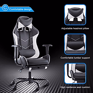 Gaming Chair PU Leather Racing Chair with Footrest, High Back Recliner Swivel Office Chair Headrest Ergonomic Lumbar Support Desk Chair, Executive Task Computer Chairs, White