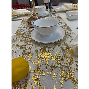Sunlunckystar Glitter Metallic Gold Table Runner 11x108 Inch, Mesh Thin Sparkle Table Runner Roll, Table Decorations for Wedding Bridal Shower, Birthday Party, Baby Shower（1PC）