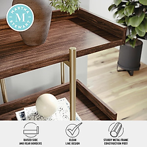 Martha Stewart Emmett 3 Shelf Storage Display Unit Bookcase with Metal, Set of 1, Walnut Wood Grain/Polished Brass Frame