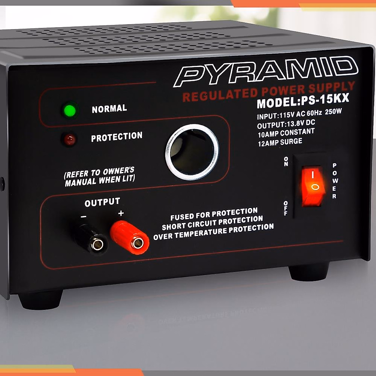 Pyramid Universal Compact Bench Power Supply - 10 Amp Linear Regulated Home Lab Benchtop AC-to-DC Converter w/ 13.8 Volt DC 115V AC 250W Input, Screw Type Terminal, 12V Car Cigarette Lighter - Pyramid PS15K