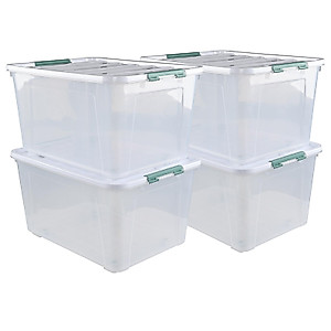 Qskely 80 L Large Clear View Plastic Storage Bin with Lid and Secure Latching Buckles, 4-Pack Wheeled Clear Storage Boxes