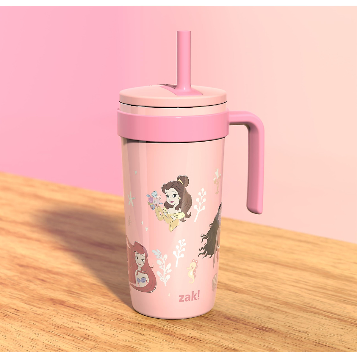 Zak Designs Disney Princess Fairway Travel Tumbler for Home or On the Go, 18oz Stainless Steel with Vacuum Insulation, Spillproof Straw, and Handle (Ariel, Belle, Cinderella, Jasmine, Moana, Tiana)