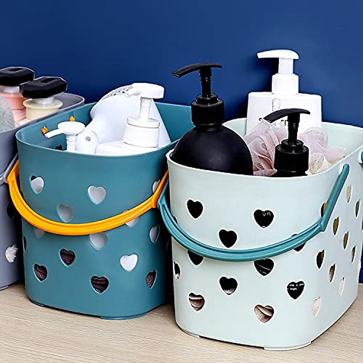 Portable Plastic Shower Caddy Baskets, Standing Storage Organizer Bins, Shower Caddy Tote Bag with Handles, Hollow Cleaning Caddy with Holes for Bathroom, College Dorm, Kitchen, Home - Heart Blue