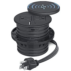 3 inch Desk Power Grommet with Wireless Charger,18W USB C Recessed Power Strip, Furniture Desk Power Outlet,2 Outlets and USB C Charging, Suitable for Side Table,6ft Cable(Black)