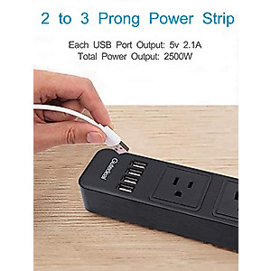 Power Strip 2 Prong, Surge Protector 2 Prong with 3AC Outlets and 4 USB Charging Ports, 6.6ft Long 2 Prong to 3 Prong Extension Cord for Smartphone Home Office Desktop, Black