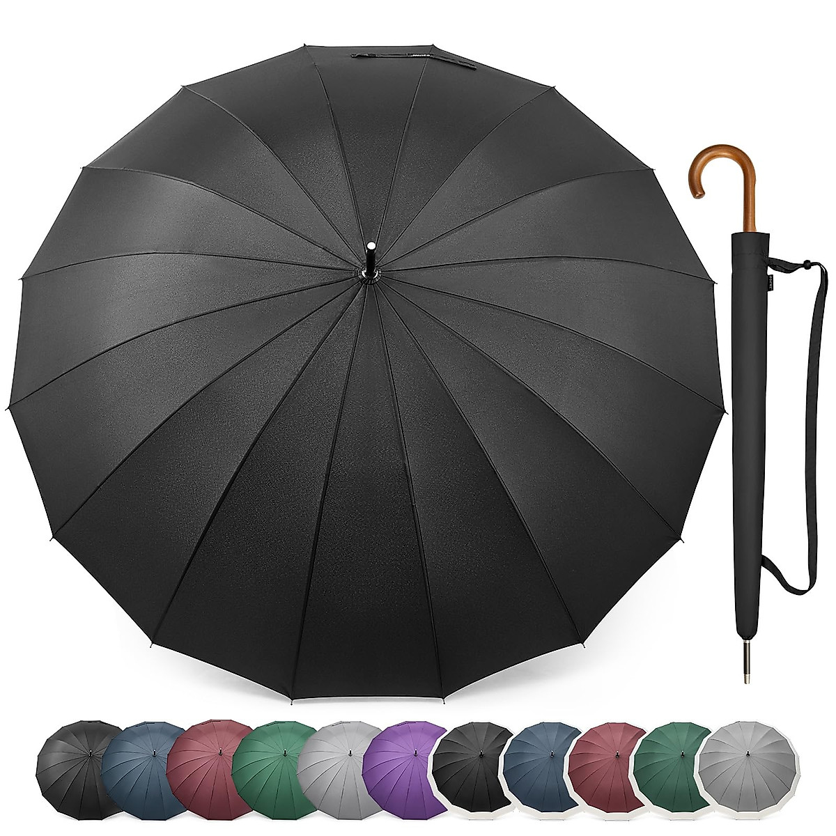 G4Free 54 Inch Large Windproof Umbrella for 2 Persons, 16 Ribs Auto Open Classic Wooden J Handle Cane Stick Golf Rain Umbrellas for Men Women Travel 120cm