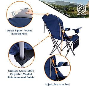 Coastrail Outdoor Reclining Camping Chair 3 Position Folding Lawn Chair for Adults Padded Comfort Camp Chair with Cup Holders, Head Bag and Side Pockets, Supports 350lbs, Blue&Brown