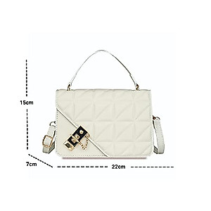 Ladies crossbody leather handbag in three classic colors with a creative geometric design and a small buckle chain closure.  (White)