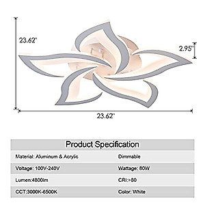 CHYING Modern LED Ceiling Light 23.6'' Dimmable Flush Mount Ceiling Light with Remote Control 80W LED Chandelier Acrylic Ceiling Lamp Fixture for Bedroom Kitchen Living Room Dining Room, White