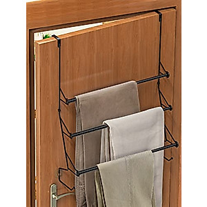 Elbourn Adjustable Over The Door Triple Towel Rack with Hooks, Towel Bar Hanger for Bathroom, Black