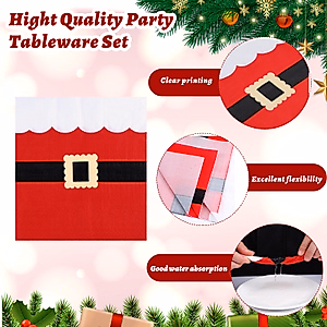 Bokon 96 Pcs Santa Belt Plates Christmas Party Supplies Disposable Party Dinnerware Set Christmas Napkins Knives Forks Spoons Christmas Party Decorations for Xmas Holiday Dinner Home Serves 24