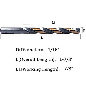 12 PCS 1/16" HSS Black and Gold Coated Twist Drill Bits, Metal Drill, Ideal for Drilling on mild Steel, Copper, Aluminum, Zinc Alloy etc. Pack in Plastic Bag