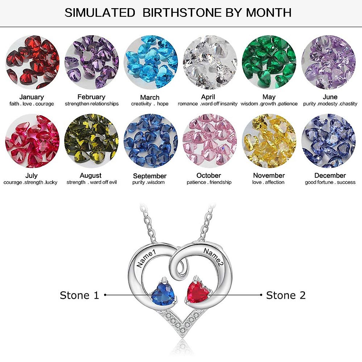 GLAMCARAT Engraved mothers Necklace with 2 Birthstone 2 Names sterling silver Heart shaped pendant Mother Daughter grandma Promise Necklace for Her personalized jewelry for women