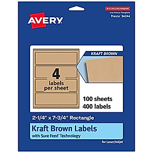 Avery Kraft Brown Rectangle Labels with Sure Feed, 2.25" x 7.75", 400 Kraft Brown Labels, Print-to-The-Edge, Laser/Inkjet Printable Labels