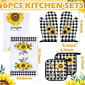 Bencailor 6 Pcs Kitchen Decor Pot Holders Oven Mitts 2 Dish Towels 2 Farmhouse Cooking Mittens Oven Glove 2 Potholder for Baking Cooking Grilling Supply Accessories(Yellow,Sunflower)