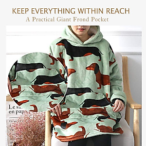 Sleepwish Fleece Wearable Blanket with Sleeves Cute Dachshund Sherpa Blanket Sausage Dog Green Hooded Blankets Comfy Blanket Sweatshirts for Teen Girls Boys