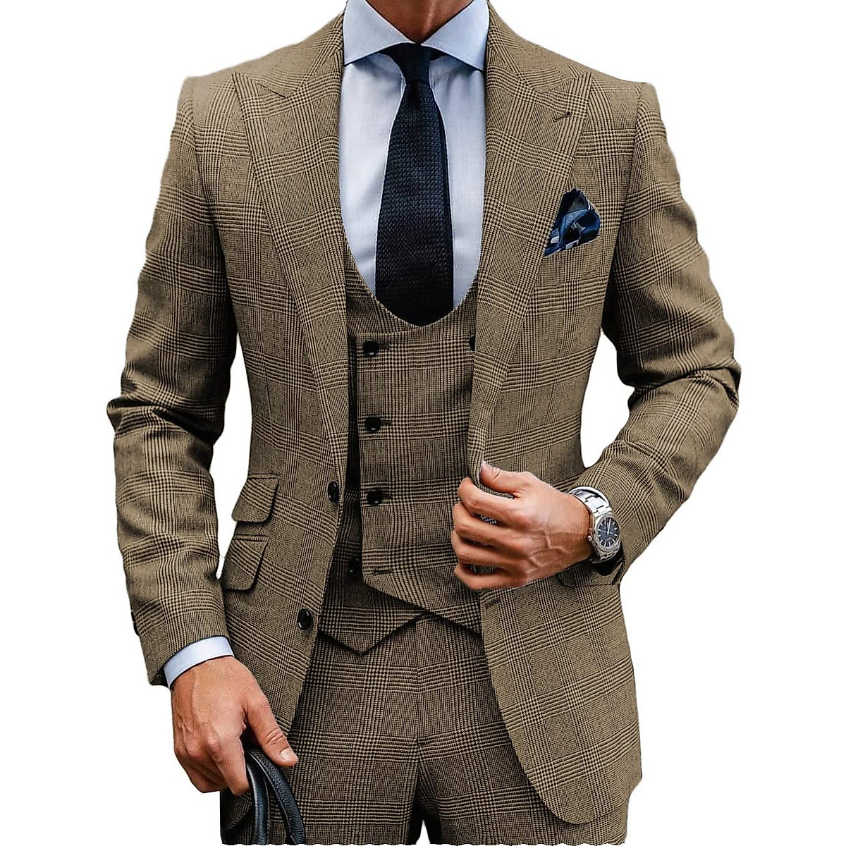 MoranX Casual Men's Suits Regular Fit 3 Piece Double Breasted Wool Plaid Tuxedos Business Blazer+Vest+Pants Wedding…(Gray,46R)