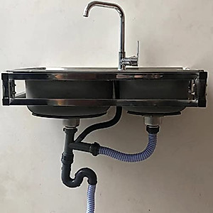 Wall Mount Utility Sink Hand Wash Basin, Commercial 304 Stainless Steel Sink 2 Compartment Kitchen Sink, Outdoor Sink Station Prep/Bar Sinks, for Garage Restaurant Laundr,Set 2-Set 1