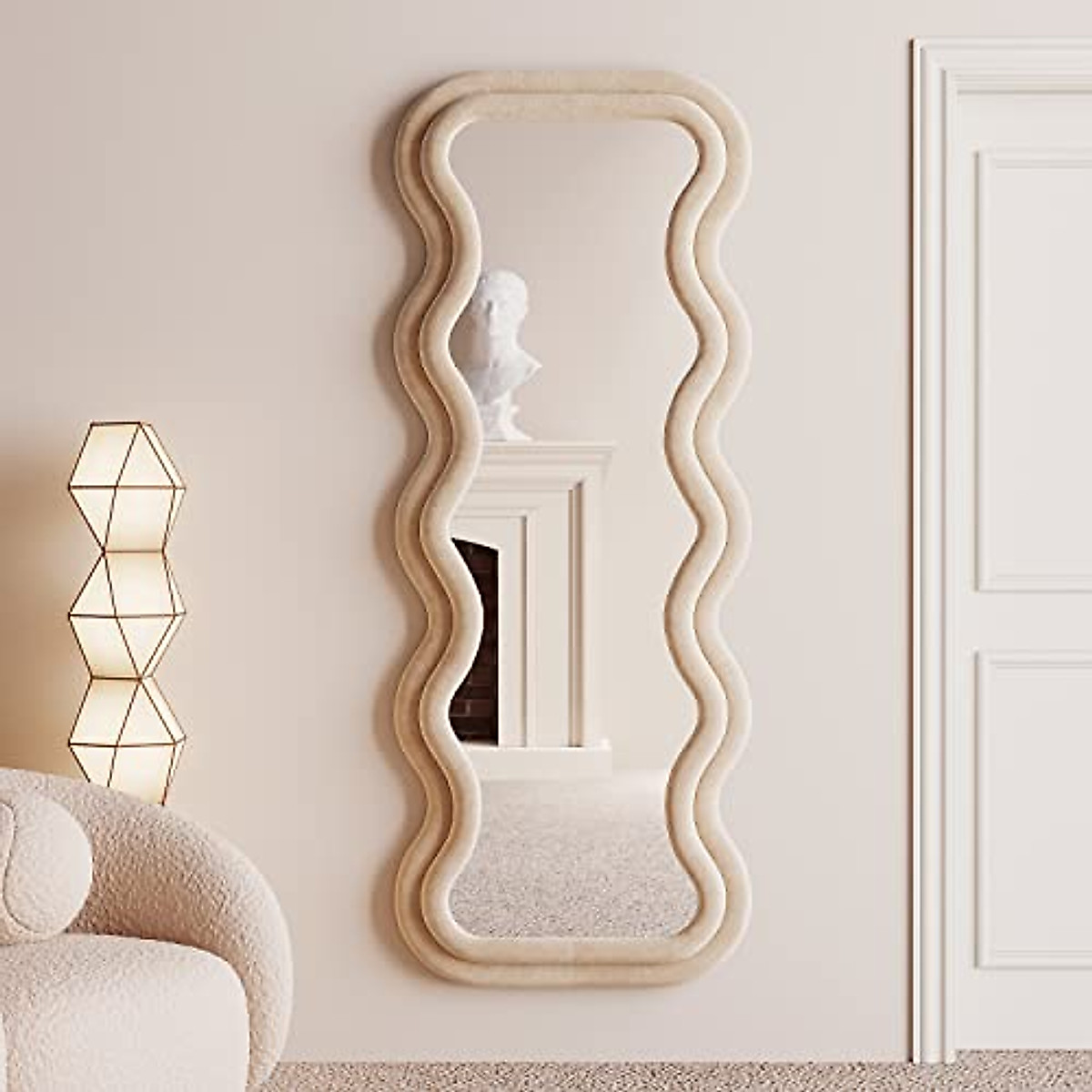 BOJOY Full Length Irregular Wavy Mirror 63"x24", Arched Floor Mirror Standing Hanging or Leaning Against Wall for Bedroom, Flannel Wrapped Wooden Frame -Milk Tea Color
