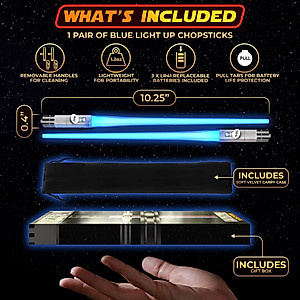 LIGHTSABER CHOPSTICKS LIGHT UP STAR WARS LED Glowing Light Saber Chop Sticks REUSABLE Sushi Lightup Sabers - Removable Handle Dishwasher Safe - Premium GIFT BOX & CARRY CASE Included - BLUE 1 PAIR