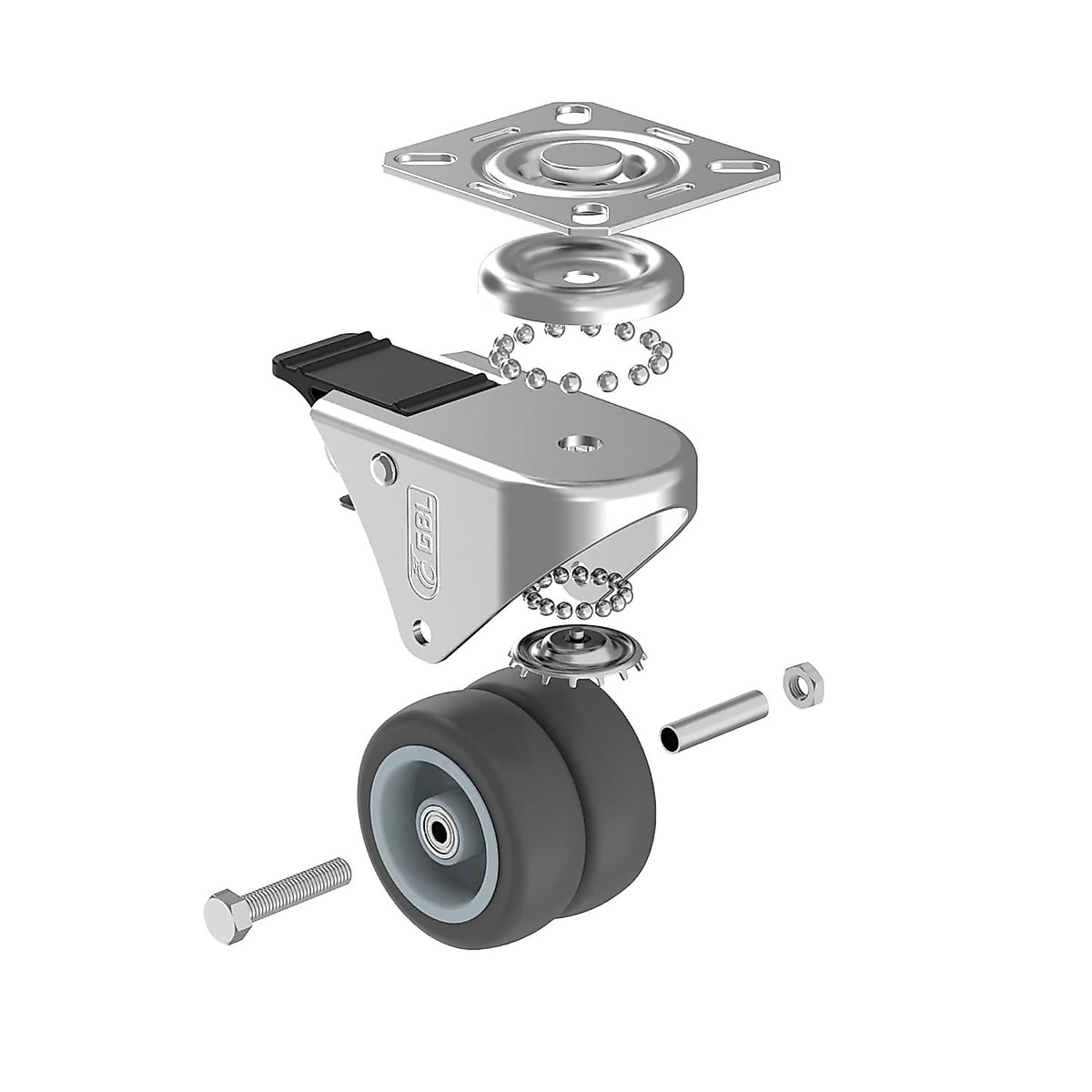 GBL 2 inch Casters Set of 4 Heavy Duty with 2 Locking Brakes + Screws - Up to 880Lbs - Swivel Caster Wheels - No Floor Marks Silent Plate Casters - Silver Castor