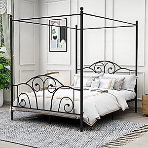 ZIRUWU Metal Four Post Canopy Bed Frame Queen Size with Headboard and Footboard,No Box Spring Needed,Black