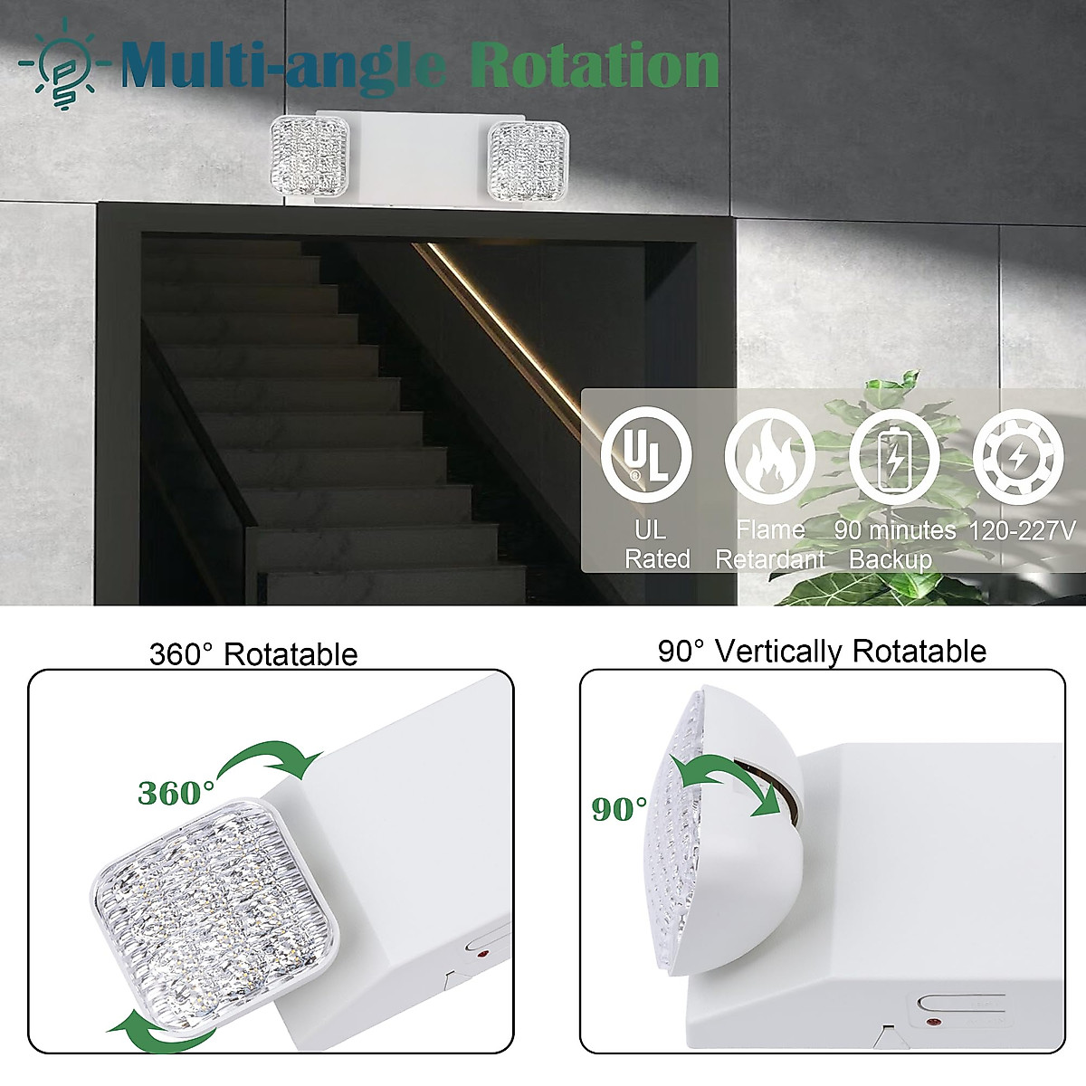 GRUENLICH LED Commercial Emergency Light with Dual Head and Backup Battery, US Standard, AC 120-277V, Hardwired Emergency Light Fixtures for Business Office Power Outages, 4-Pack