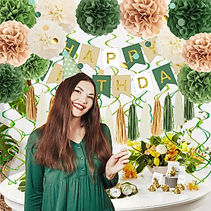 Green Birthday Decorations, Tissue Paper Pom Poms, Happy Birthday Banner, Paper Tassel, Circle Garland, Paper Confetti & Hanging Swirl for Party Decoration