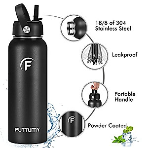 Futtumy Stainless Steel Water Bottle with Straw, 40oz Water Bottle with Spout Lid and Straw Lid, Double Wall Vacuum Insulated Water Bottle, Thermal Bottle for Sports, Travel, School, Gym (Black)