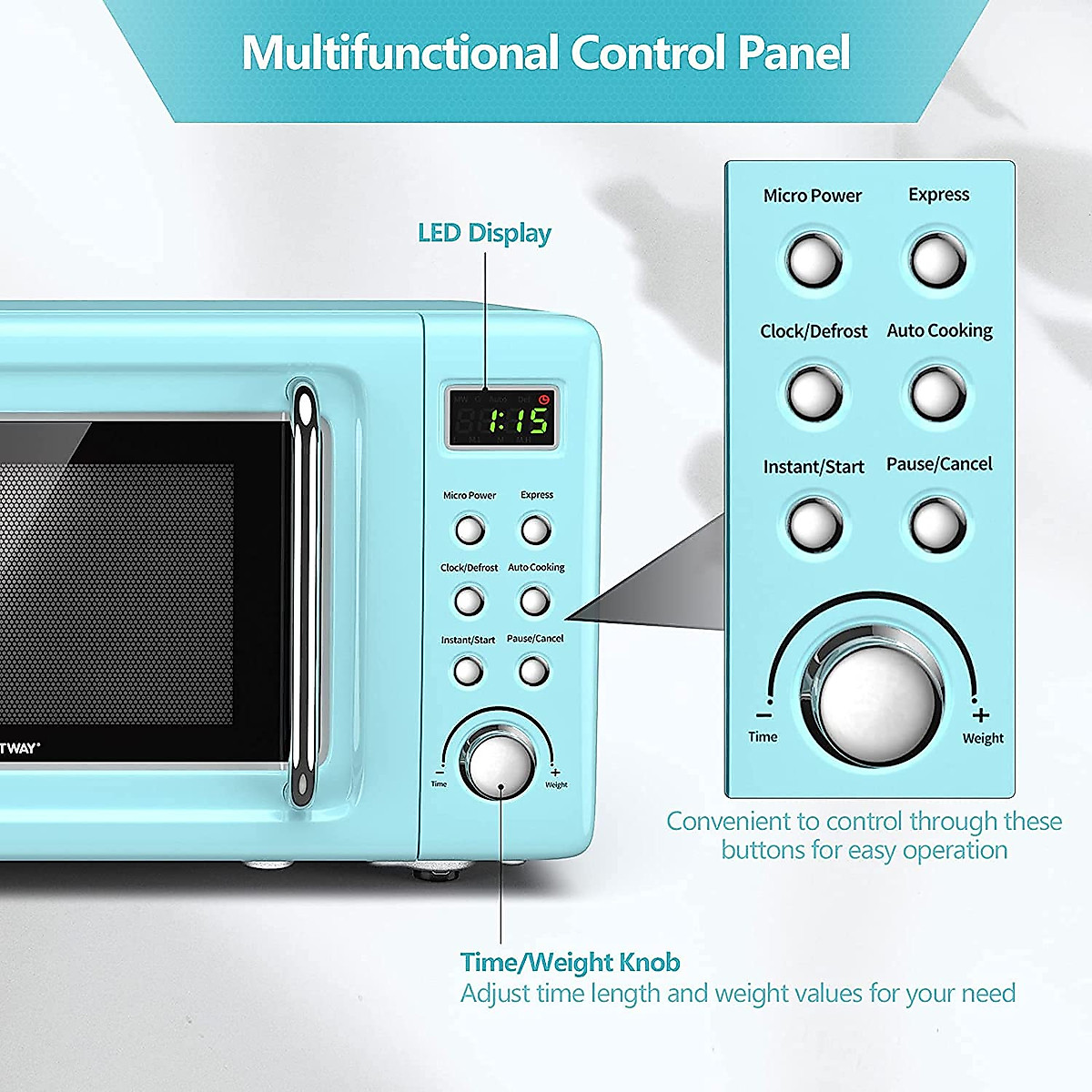 Moccha Compact Retro Microwave Oven, 0.7Cu.ft, 700-Watt Countertop Microwave Ovens w/5 Micro Power, Delayed Start Function, LED Display, Child Lock (Green)
