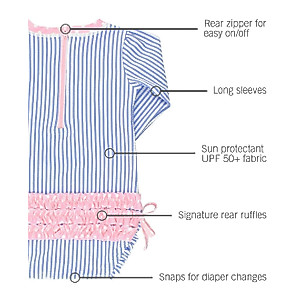 RuffleButts® Baby/Toddler Girls Long Sleeve One Piece Swimsuit - Blue Seersucker with UPF 50+ Sun Protection - 12-18m